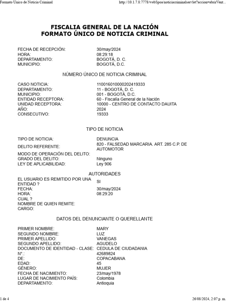 Formato Unico de Noticia Criminal 110016010000202419333 | PDF