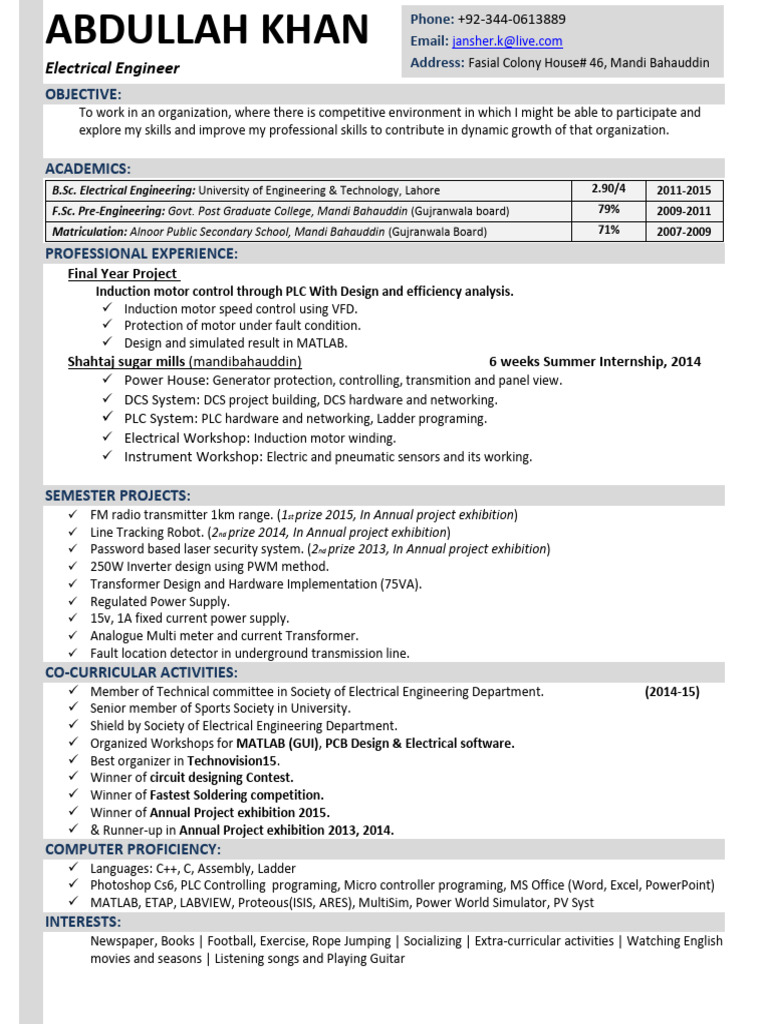 Electrical Engineer: Objective | PDF