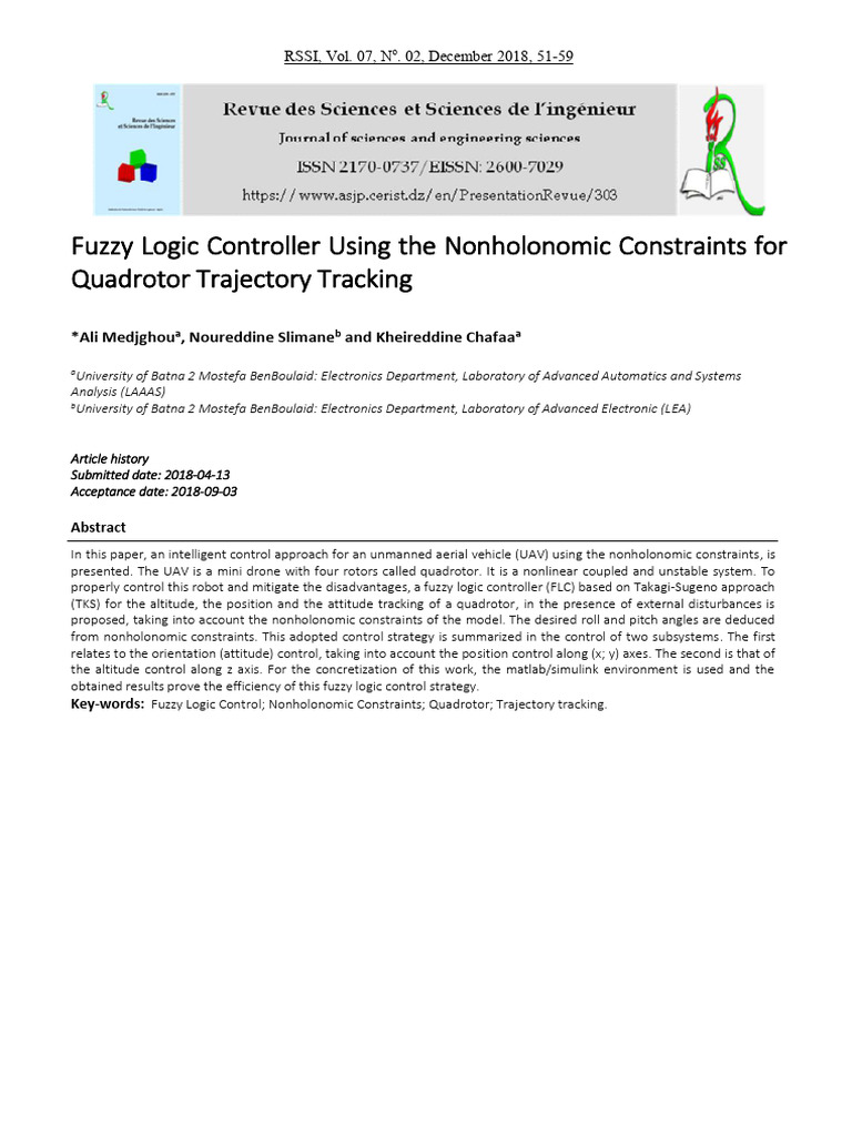 Fuzzy Logic Controller Using The Nonholonomic Constraints For Quadrotor Trajectory Tracking | PDF