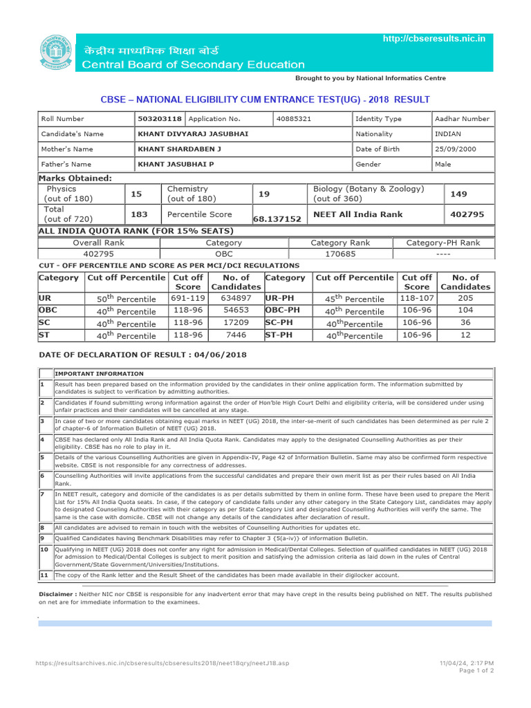 CBSE - NEET TEST 2018 Results | PDF | Student Assessment And Evaluation ...