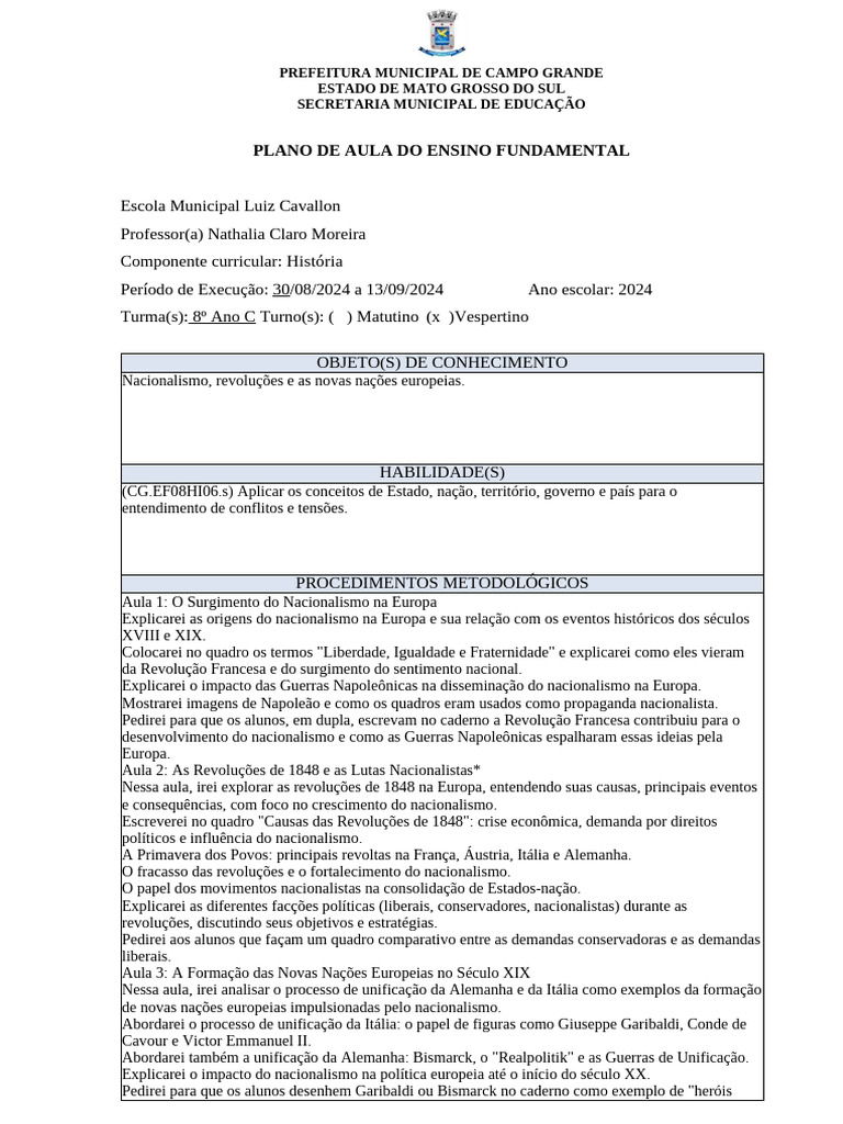 Plano de Aula Do Ensino Fundamental 8 C 2 | PDF