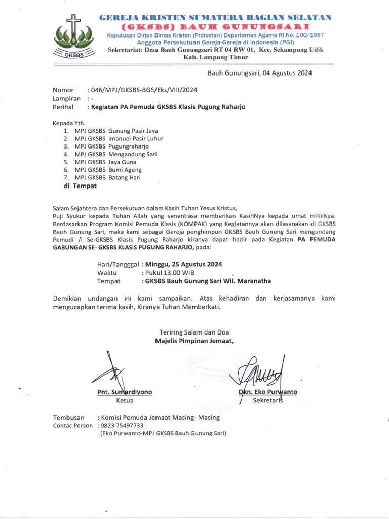 Surat Undangan PA Gabungan Pemuda Se-Klasis GKSBS Pugungraharjo | PDF