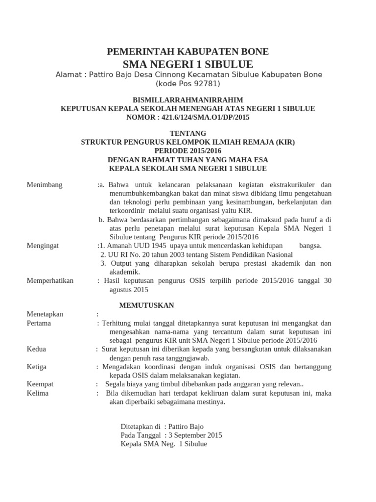 Contoh SK Ekskul Sekolah | PDF