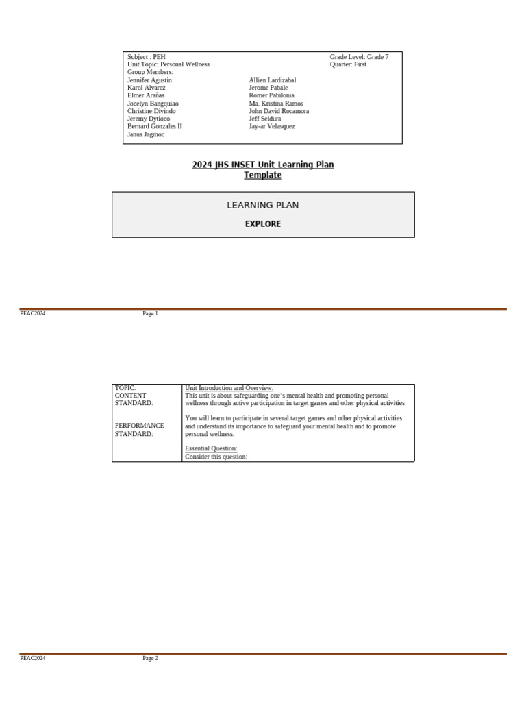 HO45-S8 - 2024 - PEH - Learning Plan Sample (Gr7 Qtr1) | PDF