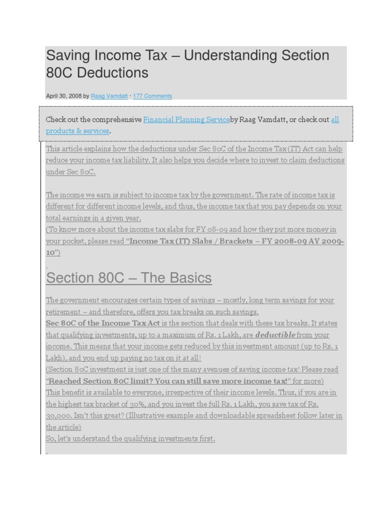 Saving Income Tax - Understanding Section 80C Deductions | PDF ...