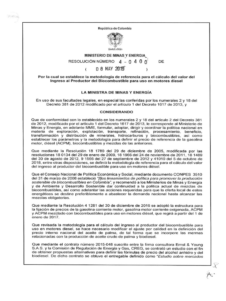 Resolución 40400 - Metodología de precio biodiesel | PDF