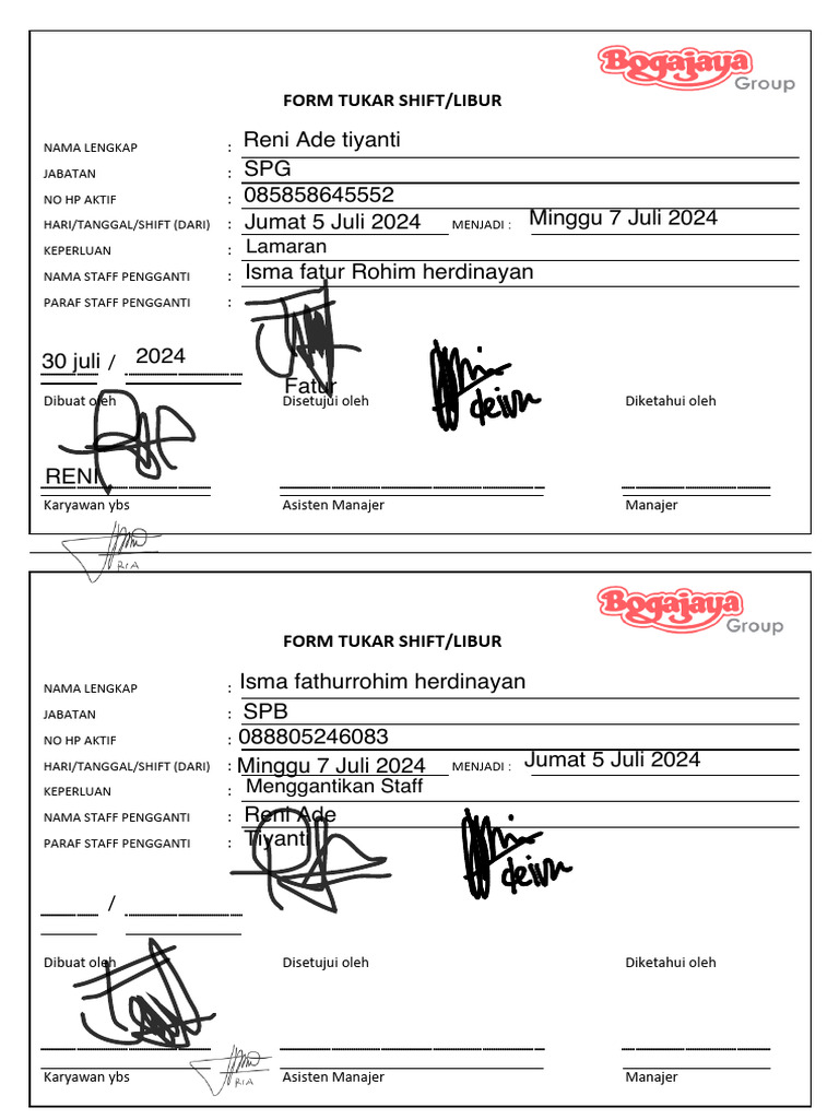 Form Tukar Libur Reni | PDF