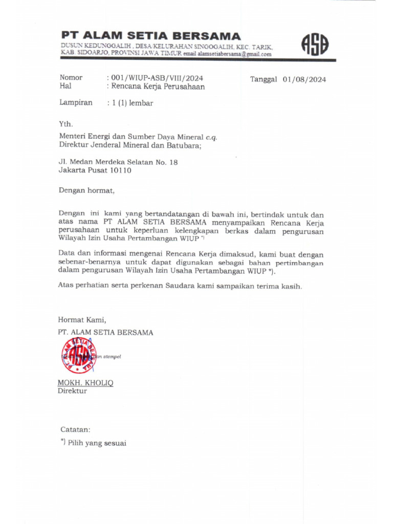 Rencana Kerja PT Asb | PDF