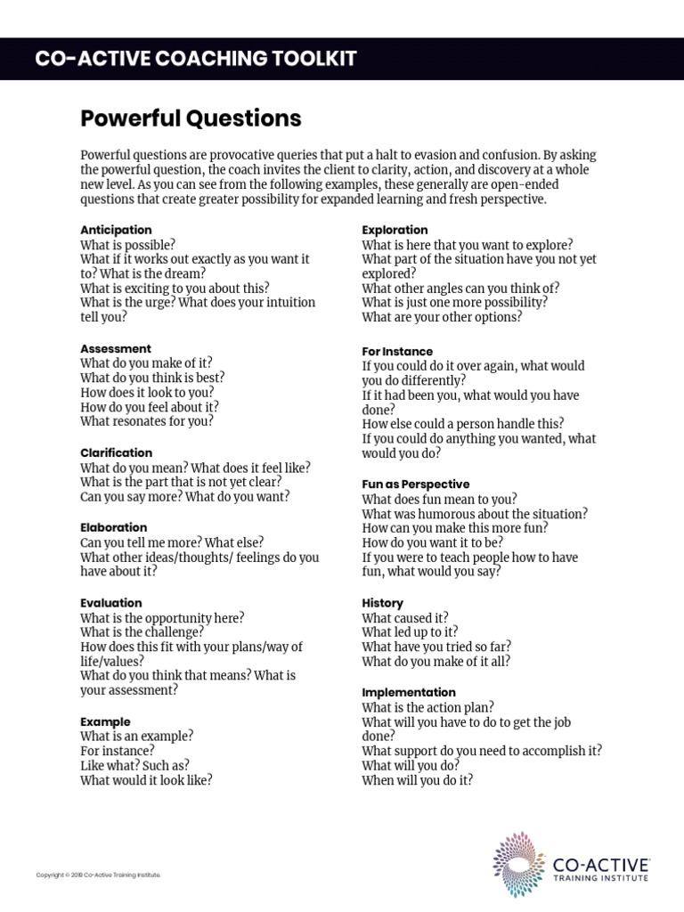 Coaching - Active Coaching Toolkit Powerful - Questions | PDF