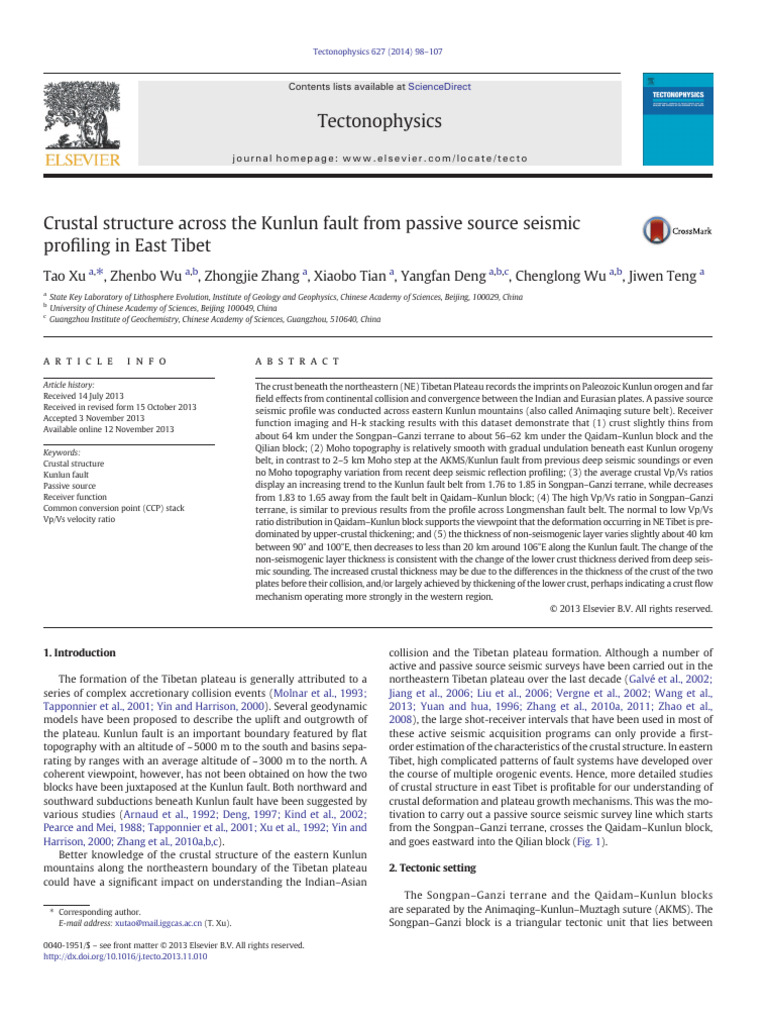 Crustal Structure Across The Kunlun Fault From Passive Source Seismic ...