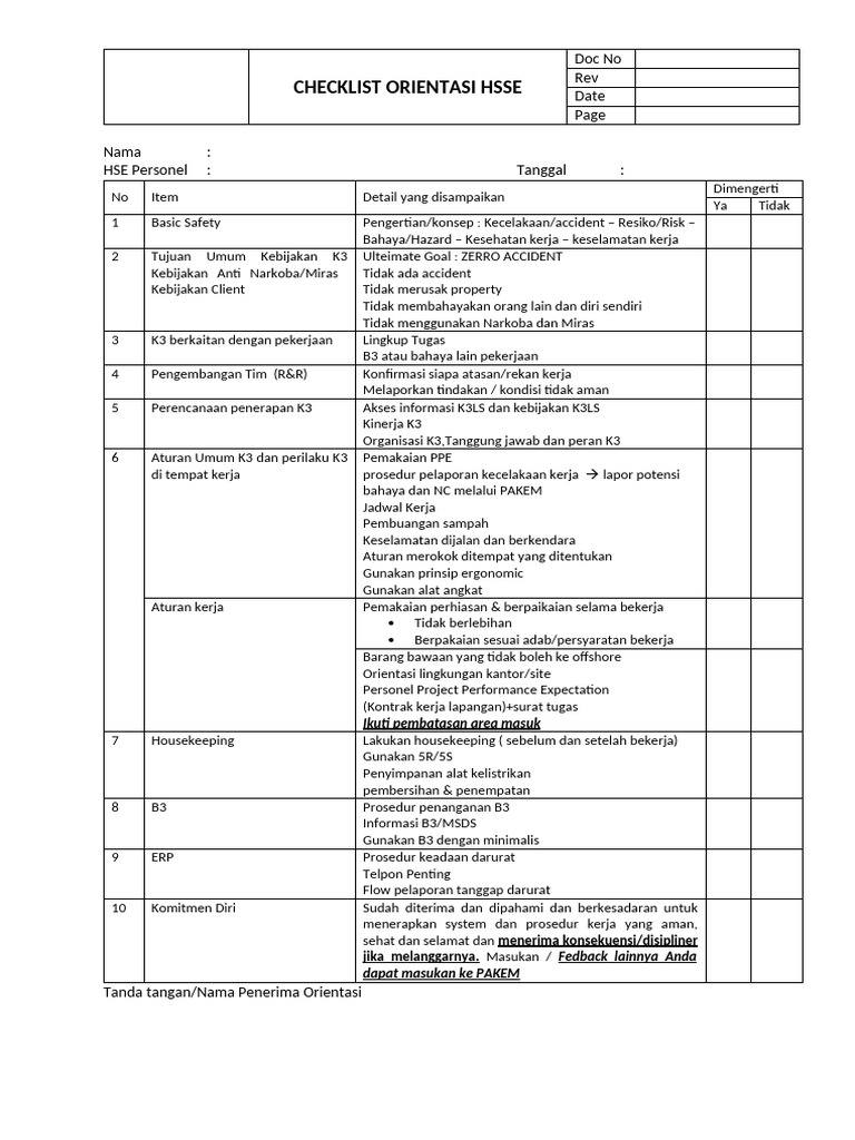 checklist induksi hse | PDF