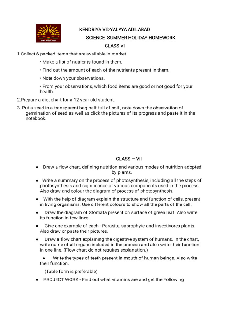 Science Holiday Homework | PDF