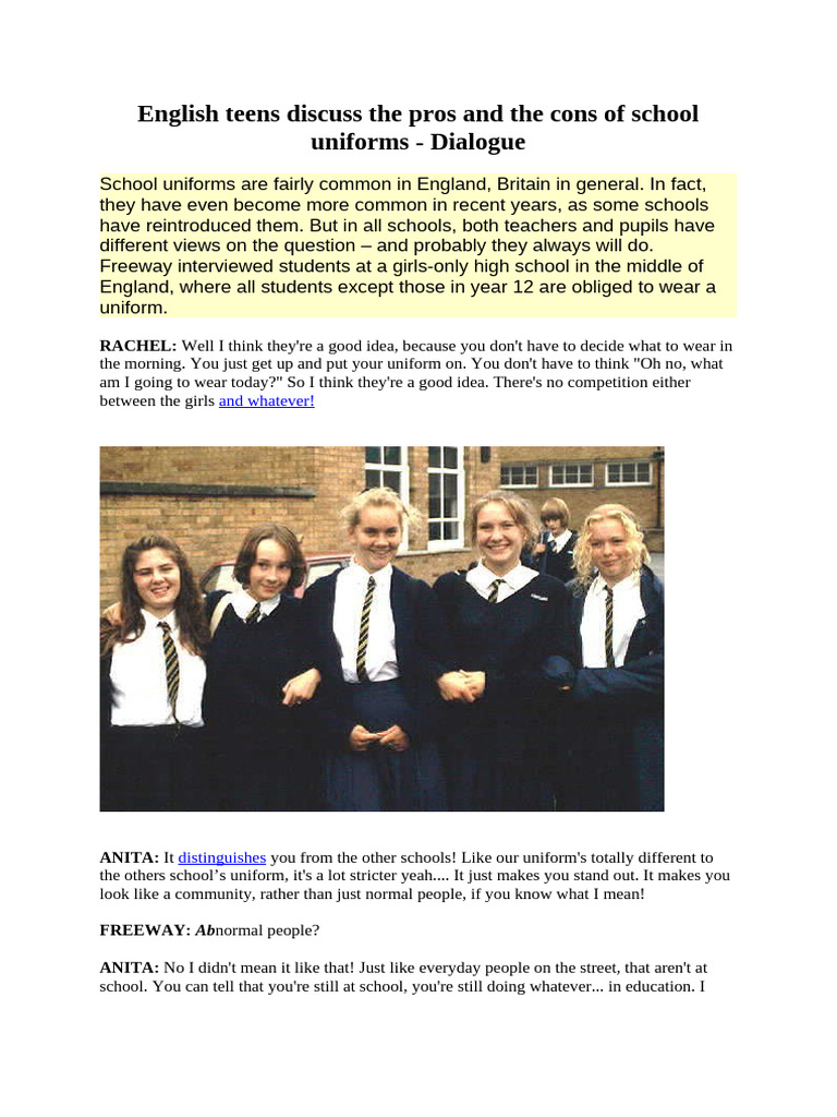 English Teens Discuss The Pros and The Cons of School Uniforms | PDF