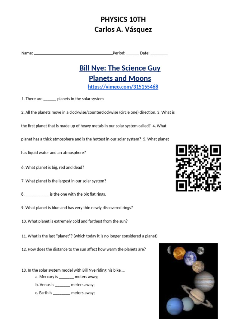 Physics 12th Emergency Sub Plan - Bill Nye Planets and Moons | PDF ...