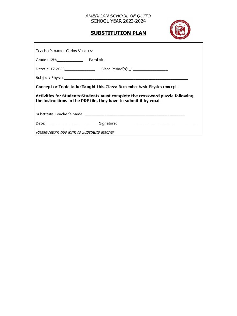 Substitution Plan Physics 12th Crossword Puzzle | PDF