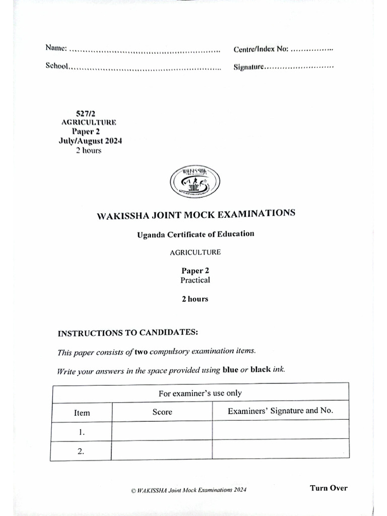 Wakissha Joint Mocks Examinations Uce 5272 Agriculture Past Paper 2024 | PDF