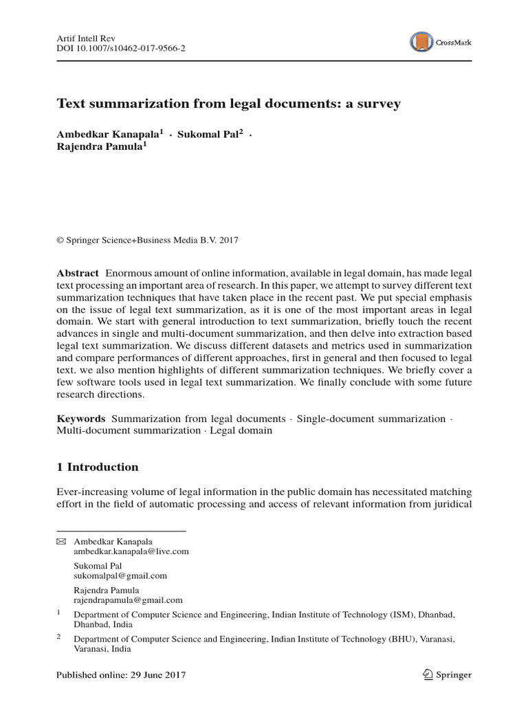 Text Summarization From Legal Documents A Survey Pdf