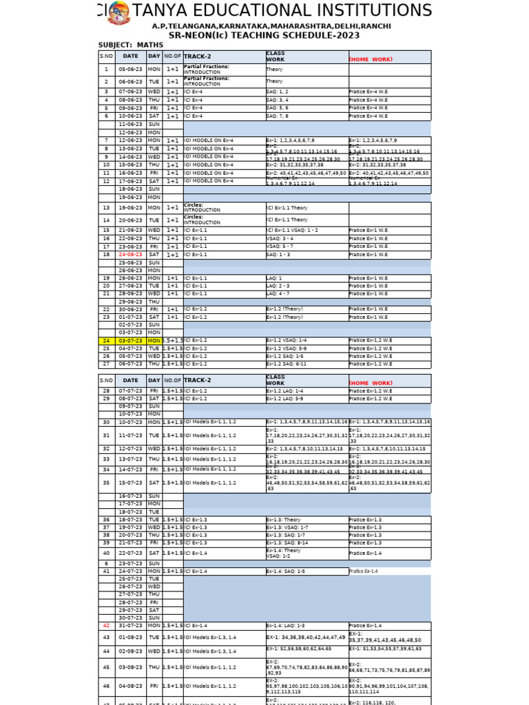 (Hyd Days) Incoming SR Neon (Ic) Teaching Schedule 2024 | PDF
