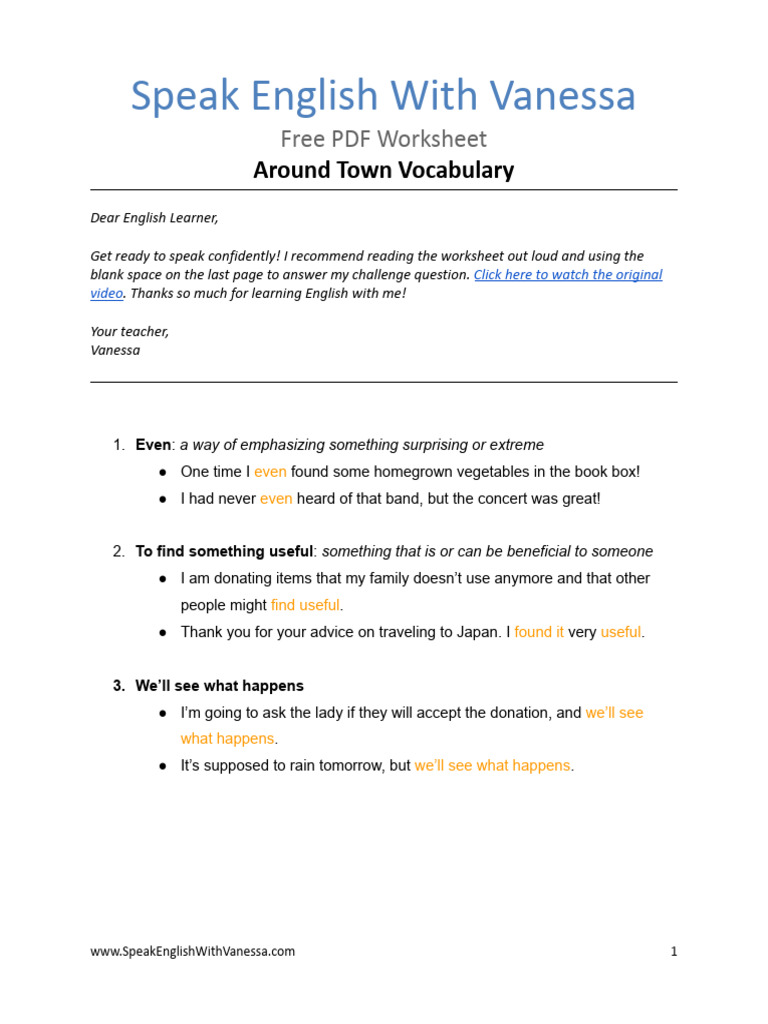 Around Town Vocabulary Speak English With Vanessa | PDF