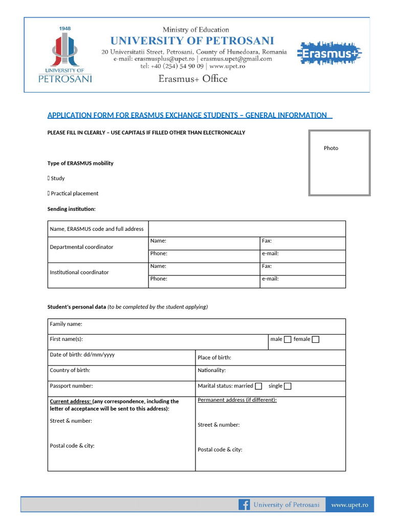 Erasmus Exchange Application Form | PDF | Signature | Mail
