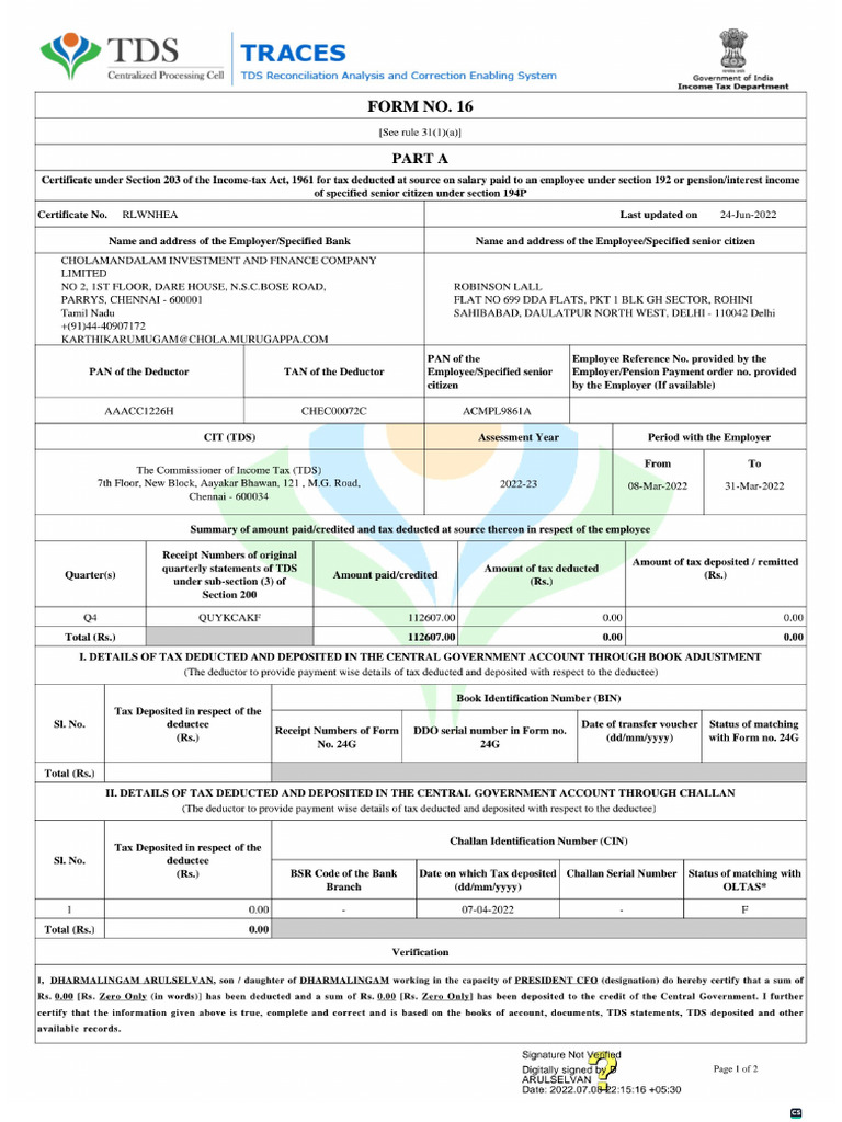 Chola Form 16 FY 2021-22 | PDF