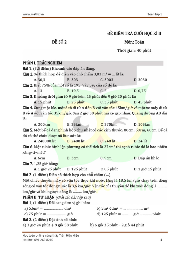 TH I Gian: 40 Phút: WWW - Mathx.vn Toán L P 5 | PDF