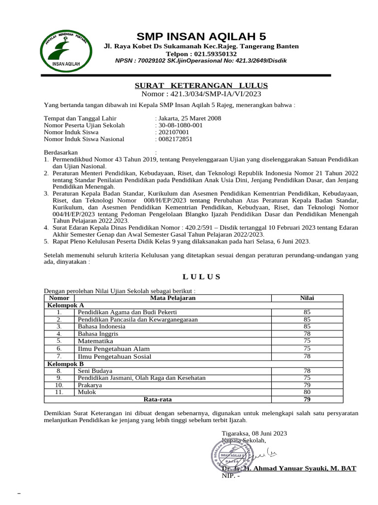 1 Surat Ket Lulus SMP Ia5 | PDF