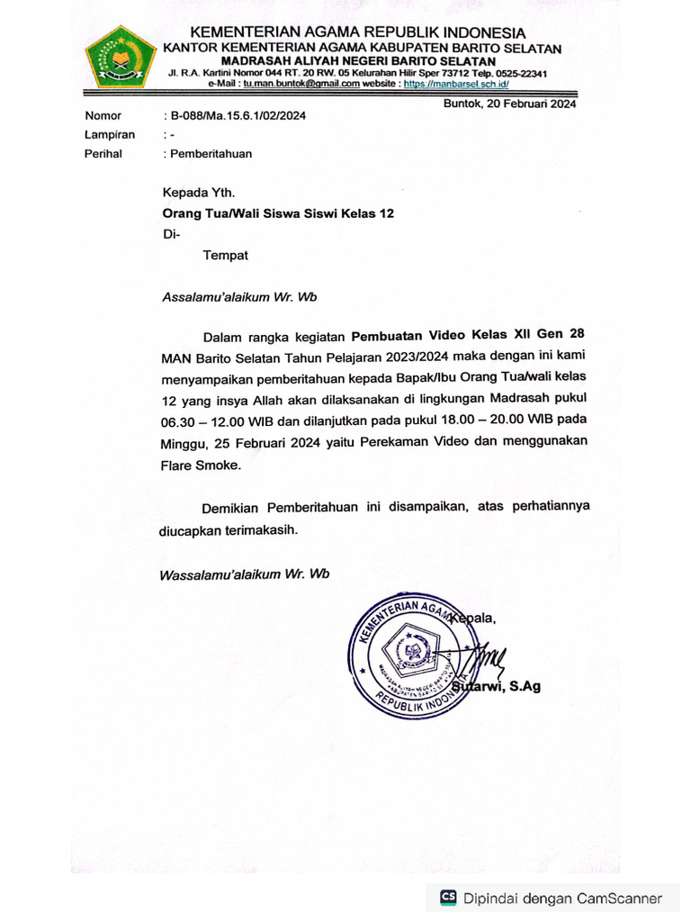 Surat Pemberitahuan Pembuatan Video Gen Kelas 12 | PDF