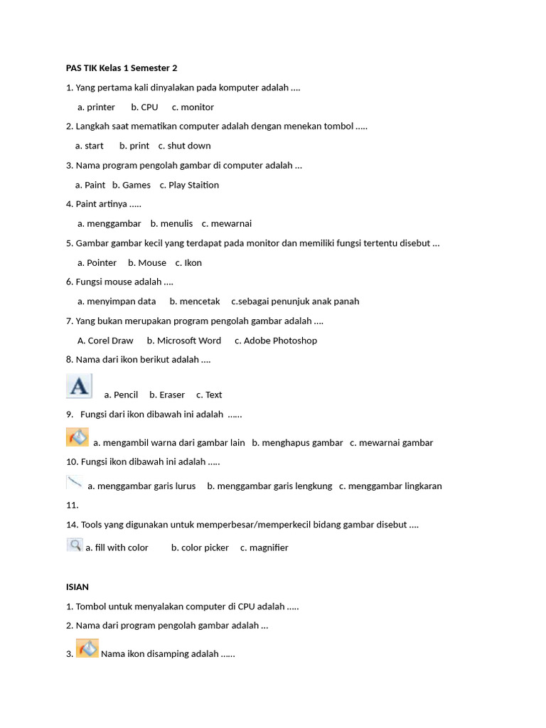 PAS TIK Kelas 1 Semester 2 | PDF