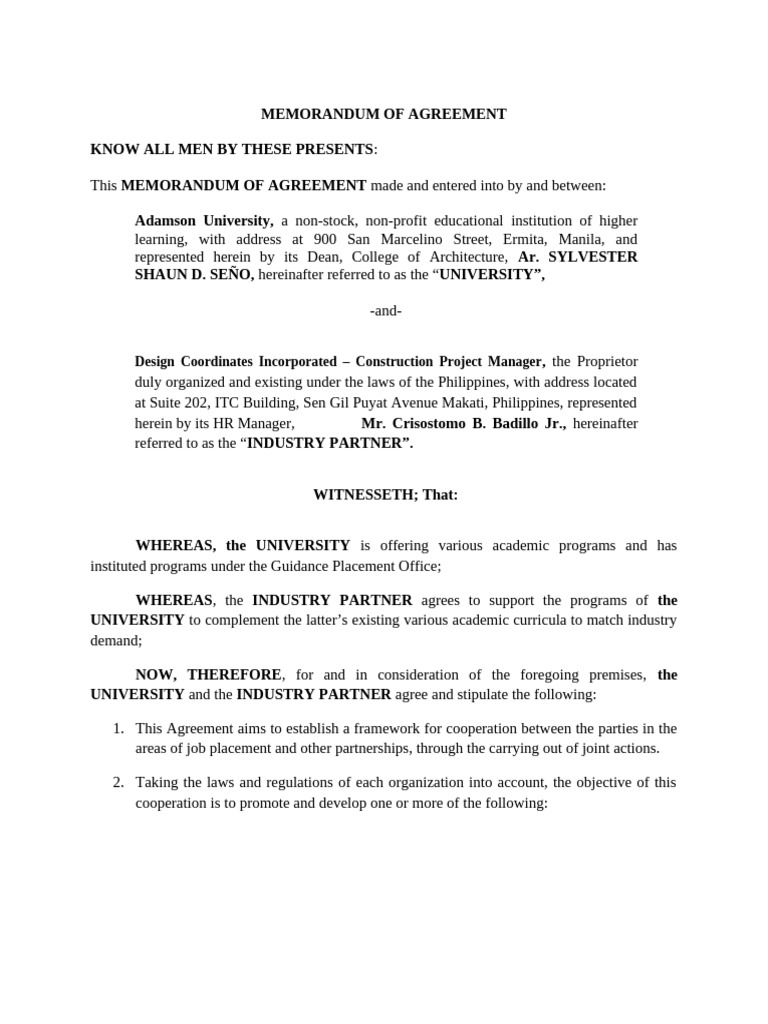 Memorandum of Agreement 2024 Ar Seno's Class Only With Acknowledgment | PDF