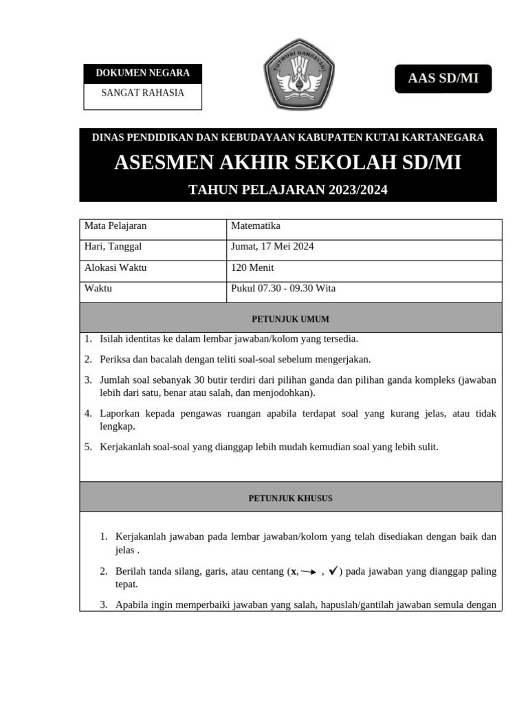 Soal Us Matematika Ta 2023 2024 Fix Pdf