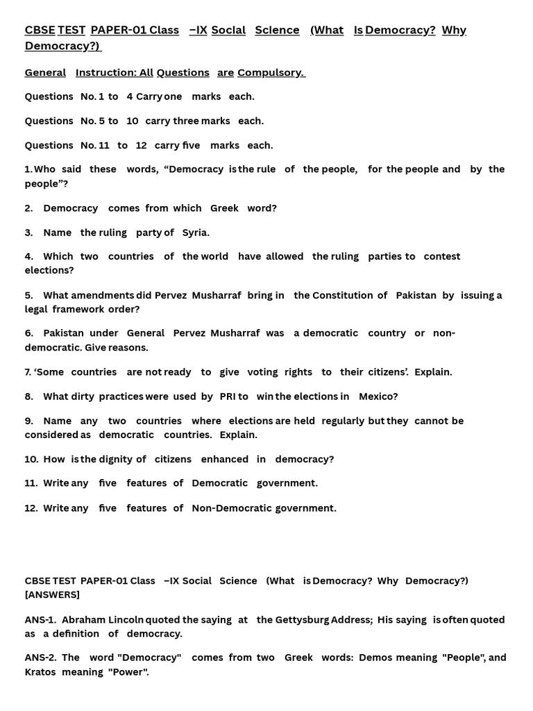 CBSE TEST PAPER-01 Class - IX Social Science (What Is Democracy) | PDF ...