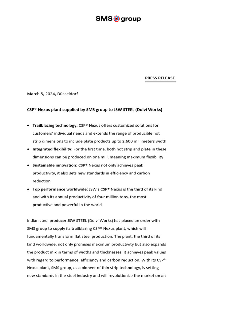 SMS Group Press Release - 240305 - JSW STEEL - EN | PDF