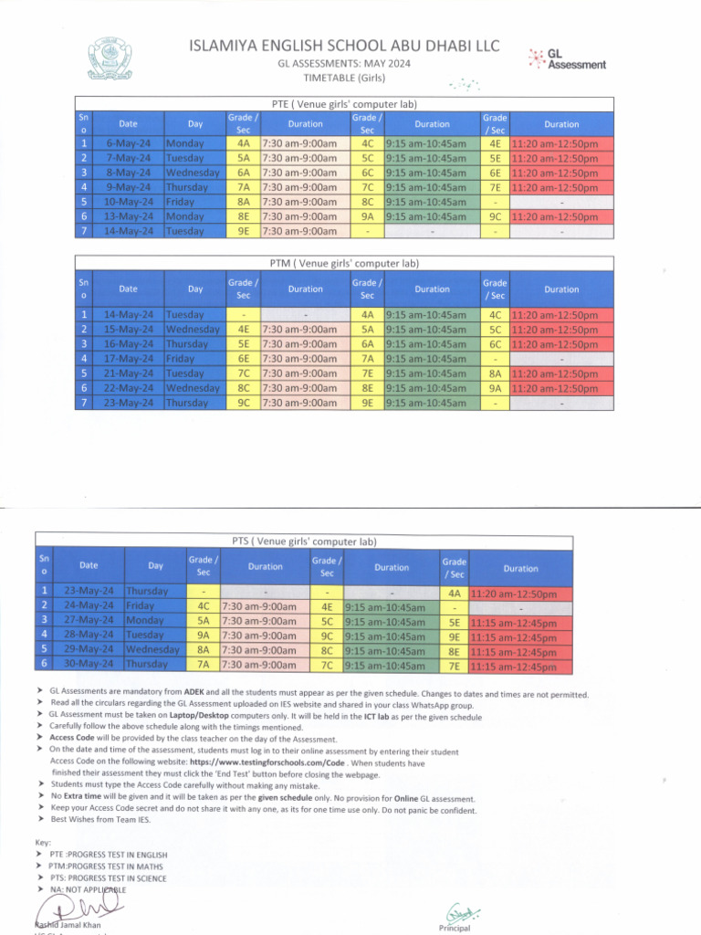 Girls Section GL Time Table | PDF