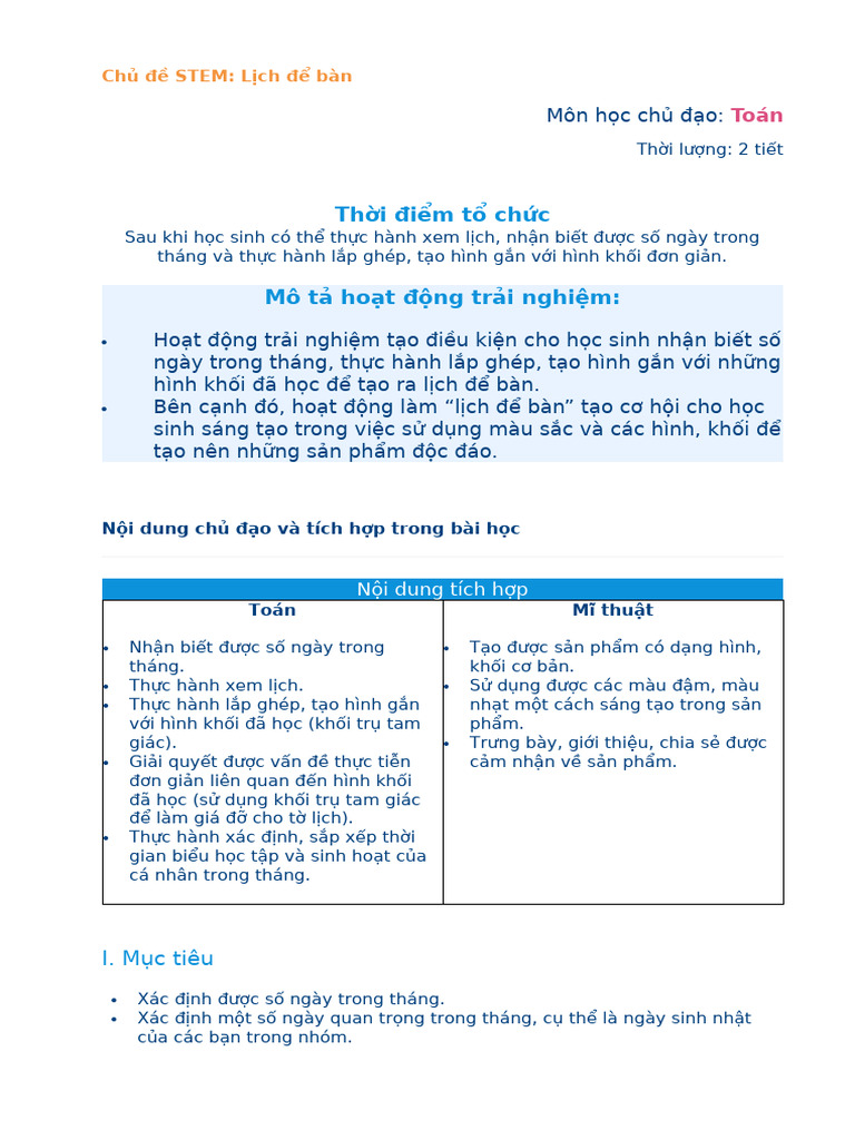 1. KHBD STEM 2 - Lịch để bàn | PDF
