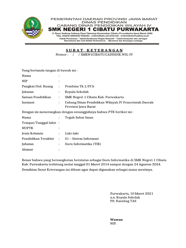 Surat Keterangan PTK Aktif - Contoh | PDF