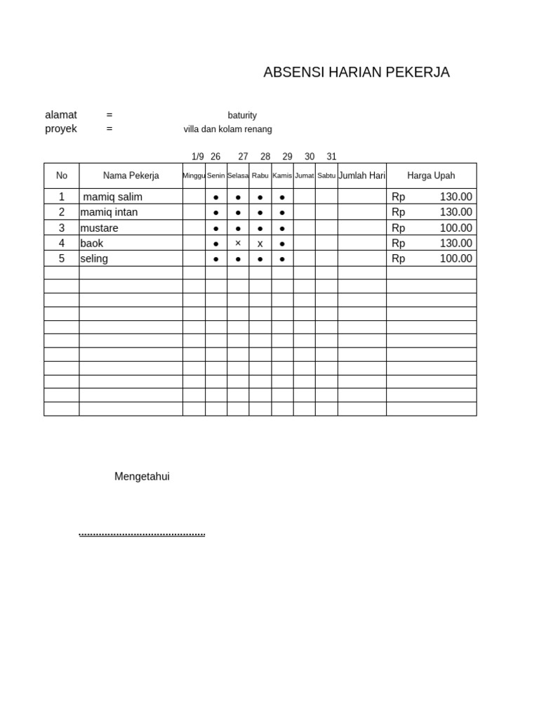 Absen Harian Pekerja | PDF