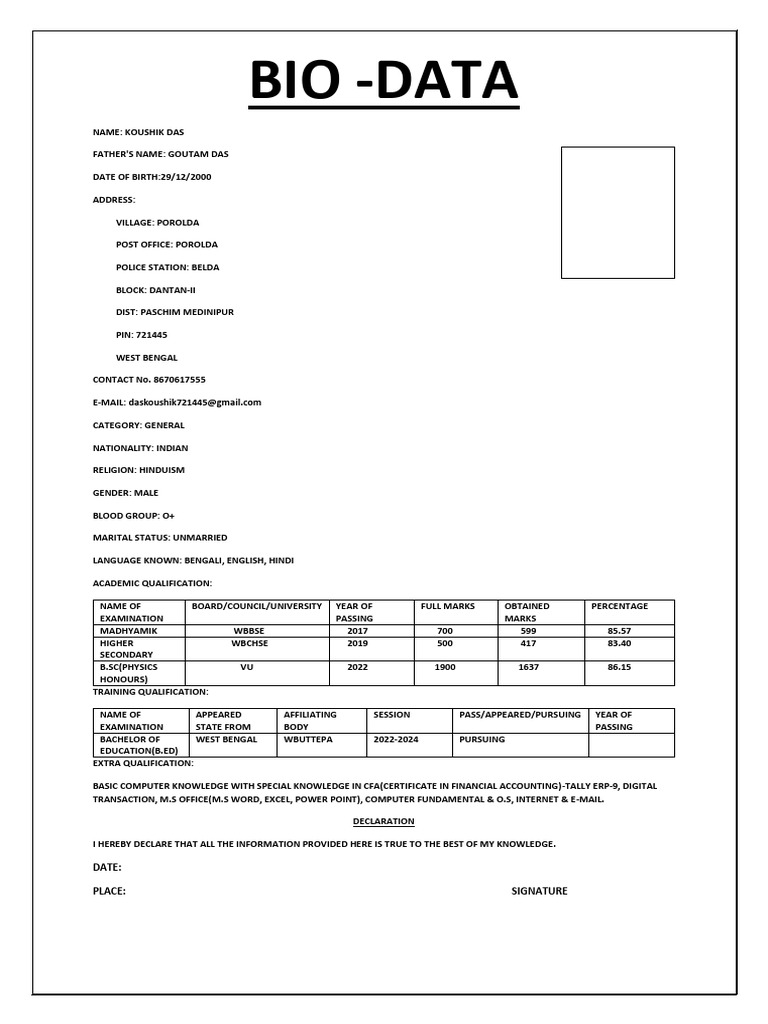 Bio Data Format | PDF