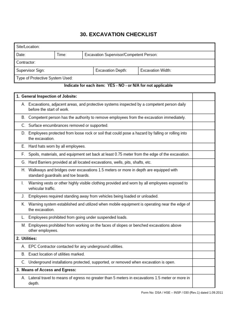 Excavation Check List | PDF