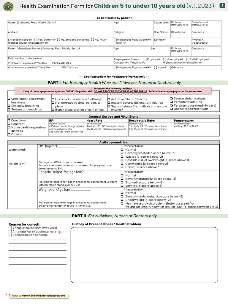 Health Examination Form For Children 5 To Under 10 - v1 2023 | PDF