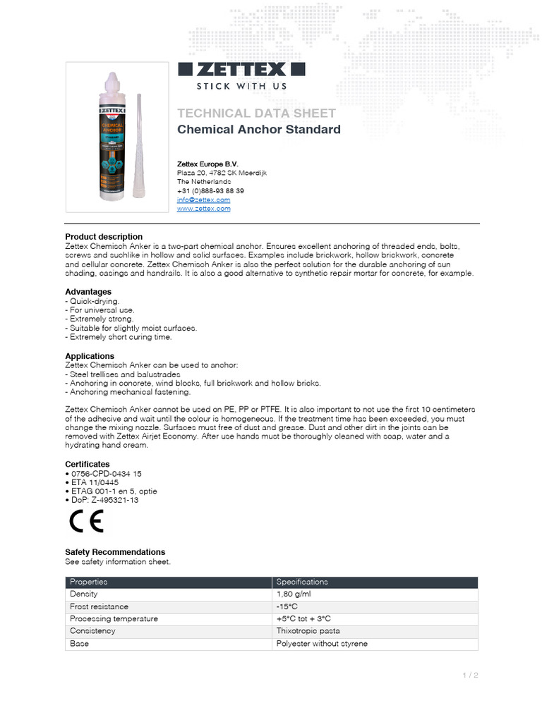 TDS - Zettex Chemical Anchor Standard - EN | PDF