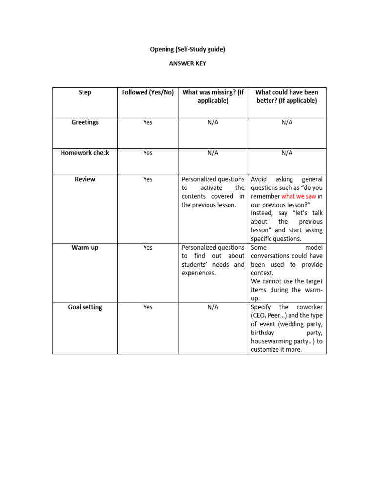 Opening Assessment Form - ANSWER KEY | PDF
