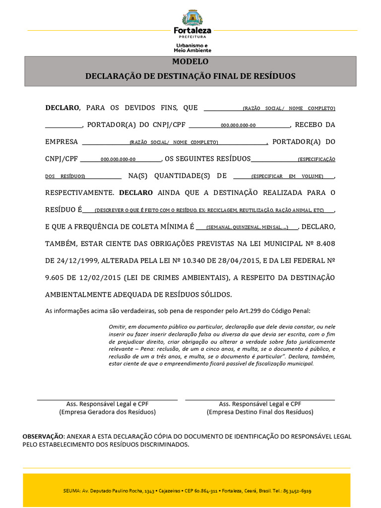 Modelo de Declaracao de Destinacao Final de Residuos | PDF