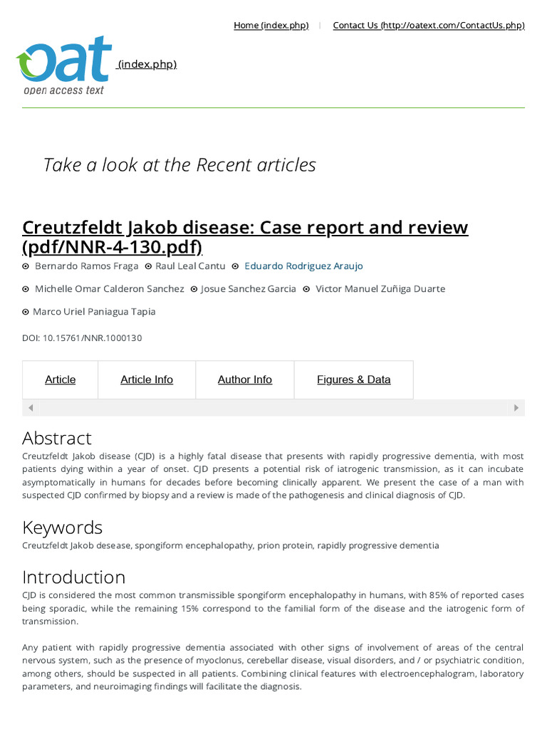 Creutzfeldt Jakob Disease - Case Report and Review | PDF