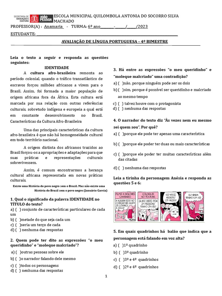 Prova 6 Ano-Português | PDF | Quadrinhos