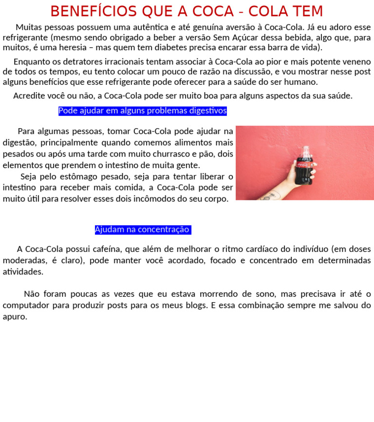 Benefícios Que A Coca - Cola Tem Sandra 24 05 2024 | PDF