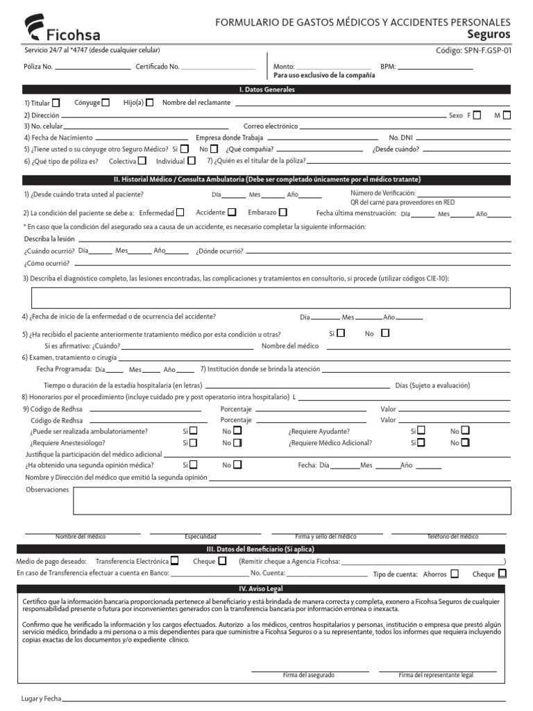 Formulario-De-Gastos-Medicos-Y-Accidentes-Personales Ficohsa | PDF