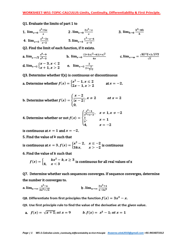 WS-1-Limits, Continuity, Differentiability and First Principle. | PDF