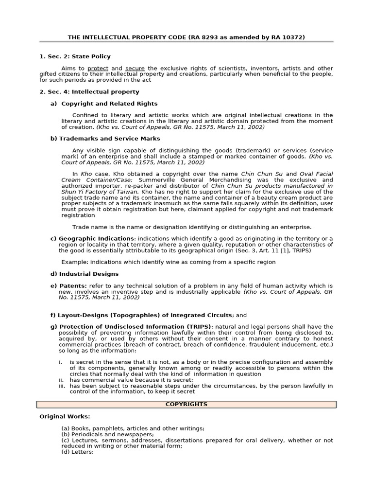 Notes in Intellectual Property Code of The Philippines | PDF