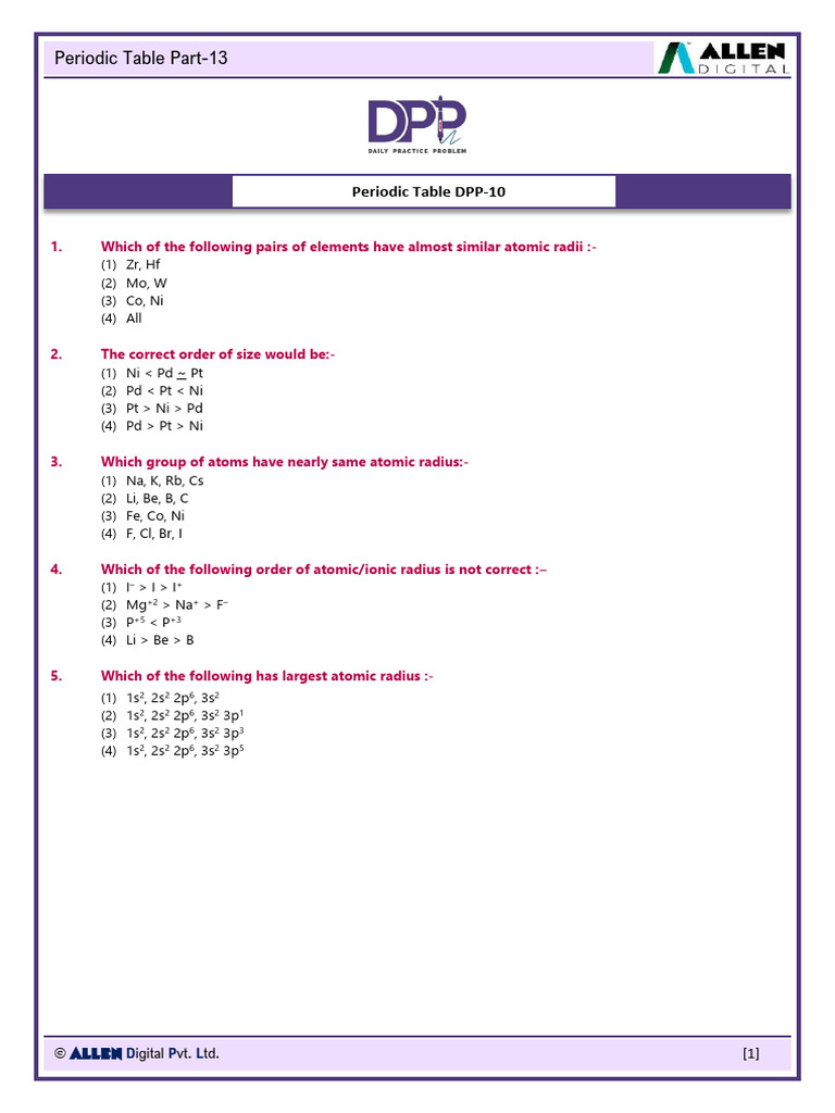 Periodic Table DPP-10 | PDF